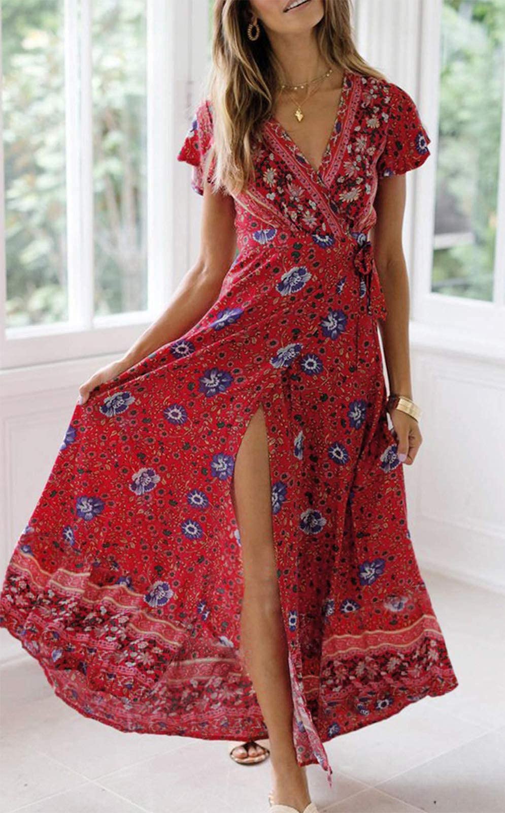 ZESICA Women's 2025 Bohemian Floral Printed Wrap V Neck Short Sleeve Split Beach Party Maxi Dress,Red,Medium