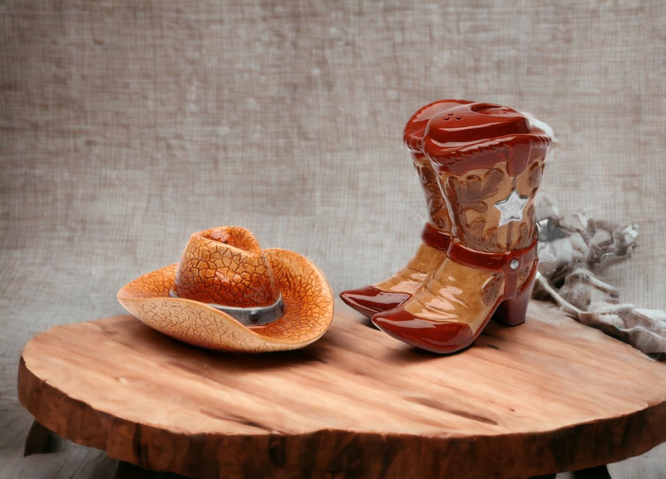 Fine Ceramic Western Cowboys Hat & Boot with Spurn Design Salt & Pepper Shakers Set, 3" H