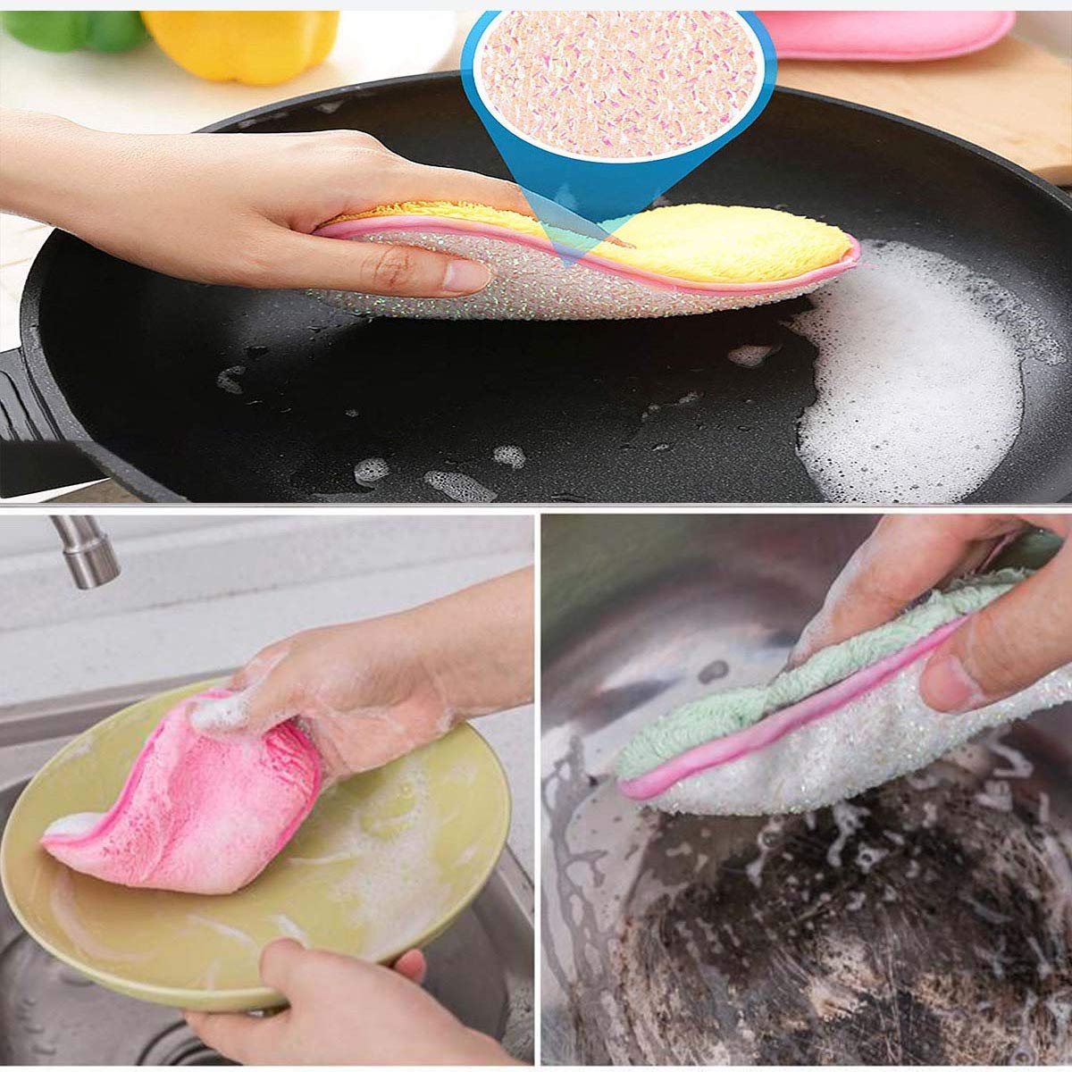 Kitchen Scouring Pads Double Sided Cleaning Sponges Household Cleaning Tools for Pans Pots Cookware, 6pcs