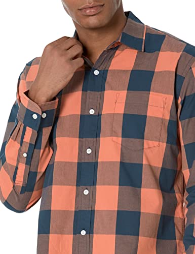 Amazon Essentials Men's Regular-Fit Long-Sleeve Casual Poplin Shirt, Navy Orange Buffalo, X-Large