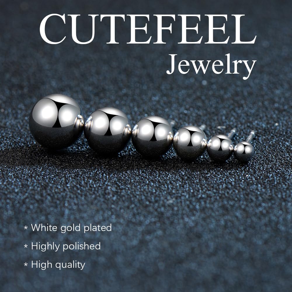 18K White Gold Plated Sterling Silver Ball Stud Earrings 3mm-8mm Options, Simple Polished Ball Studs Hypoallergenic Jewelry (3mm)