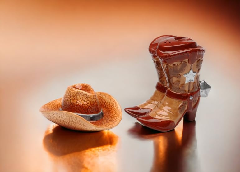 Fine Ceramic Western Cowboys Hat & Boot with Spurn Design Salt & Pepper Shakers Set, 3" H