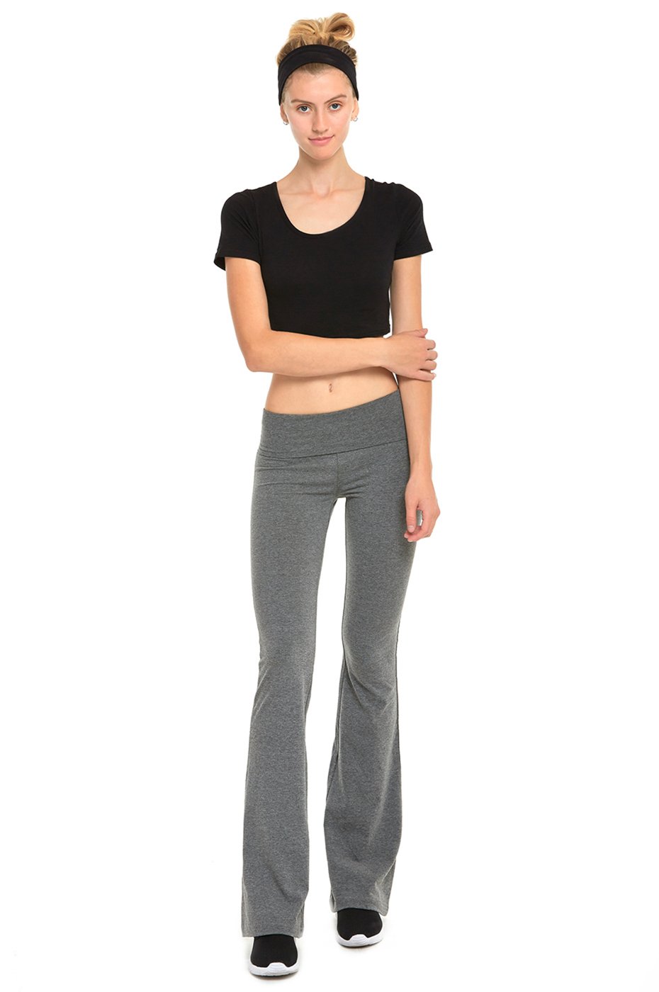 Gilbins Womens Fold-Over Waistband Stretchy Cotton Blend Yoga Pants with A Wide Flare Leg 2 Pack