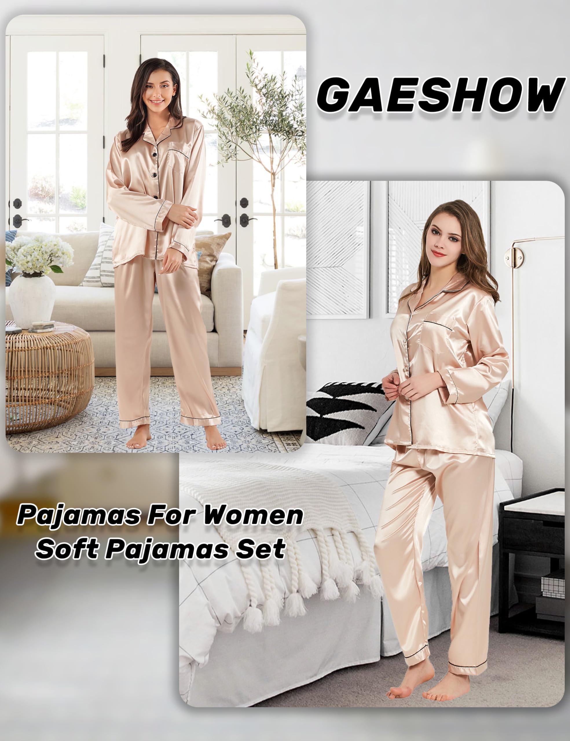 GAESHOW Silk Pajamas for Women Long Sleeve Button Down Sleepwear 2 Piece Loungewear Pjs Set Champagne