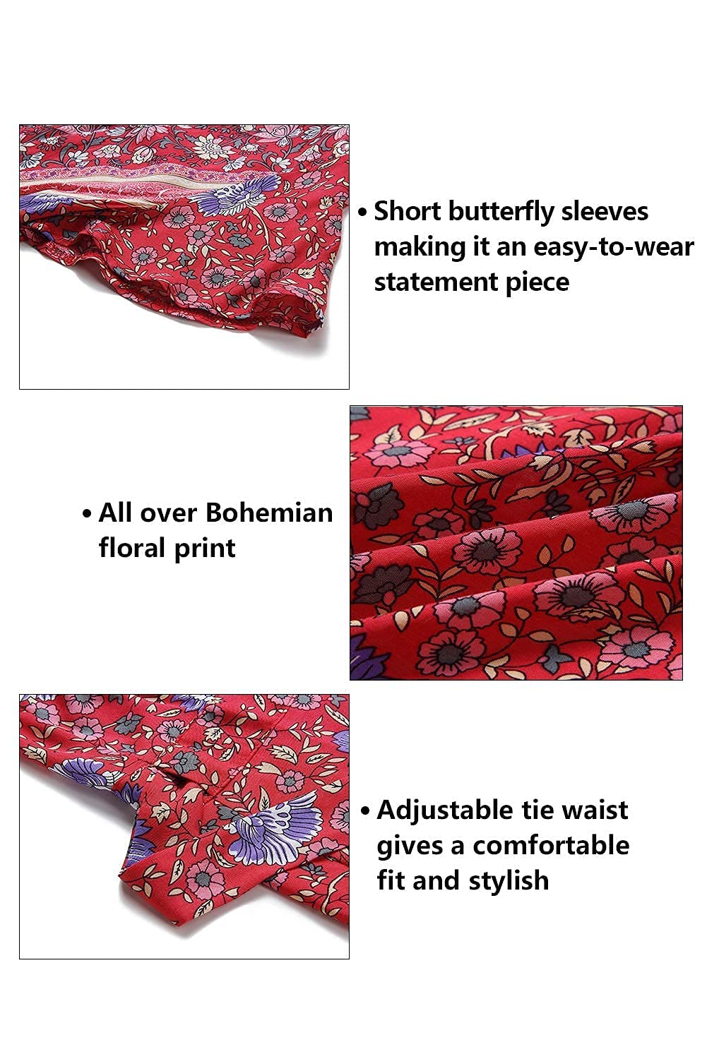ZESICA Women's 2025 Bohemian Floral Printed Wrap V Neck Short Sleeve Split Beach Party Maxi Dress,Red,Medium