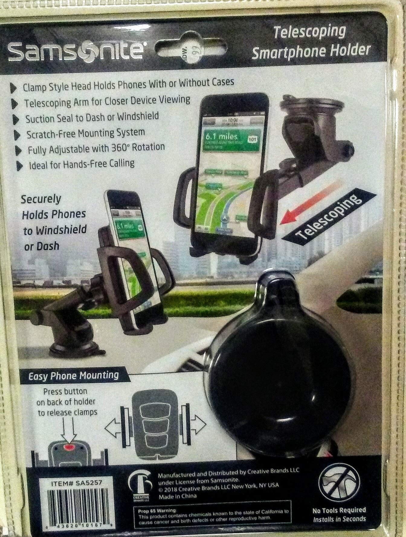 Samsonite Auto use Windshield or Dashboard Telescoping Smartphone Holder Expandable Head fits Phones Hands-Free Calling 360 deg Rotation Multiple Viewing Angles
