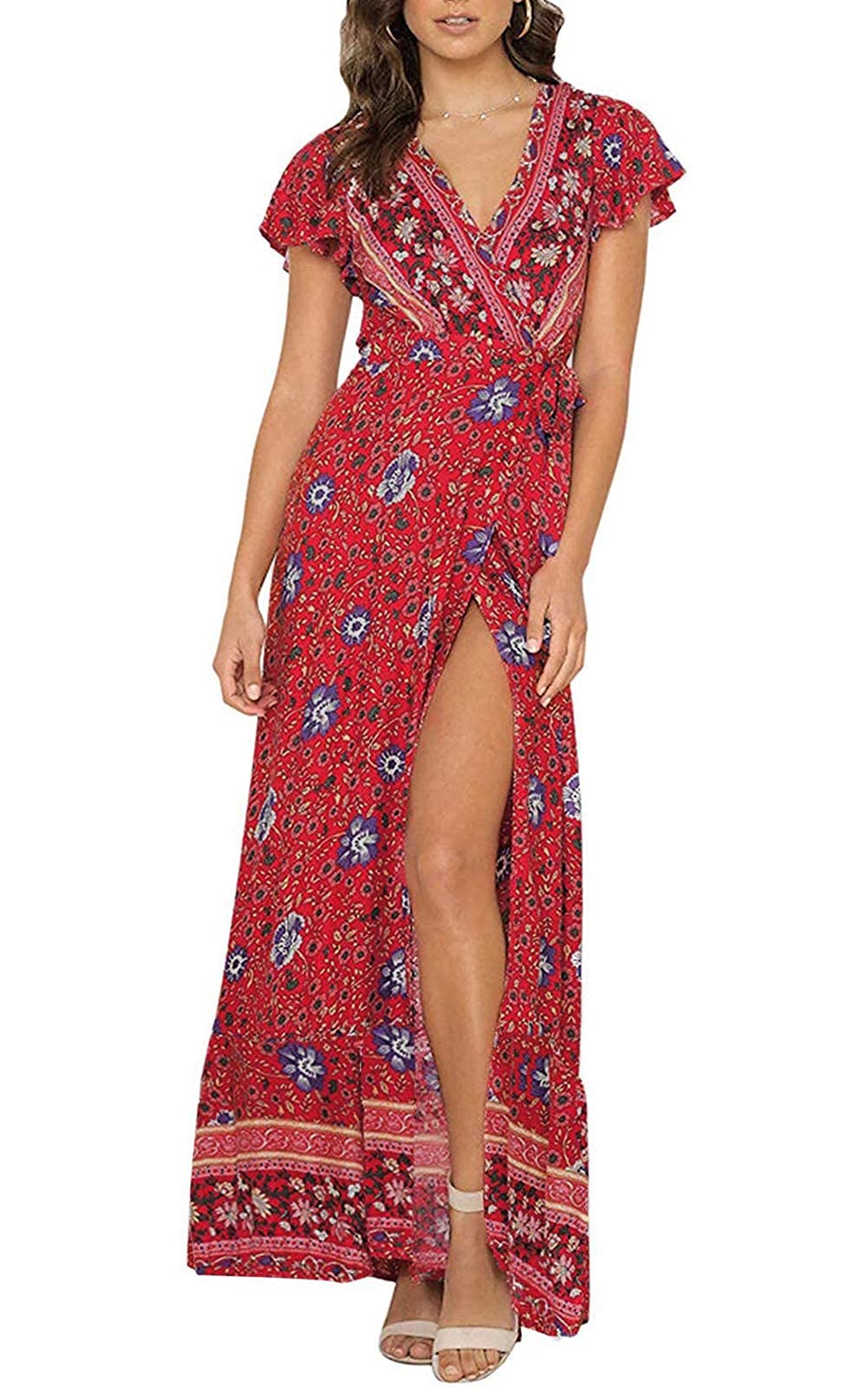 ZESICA Women's 2025 Bohemian Floral Printed Wrap V Neck Short Sleeve Split Beach Party Maxi Dress,Red,Medium