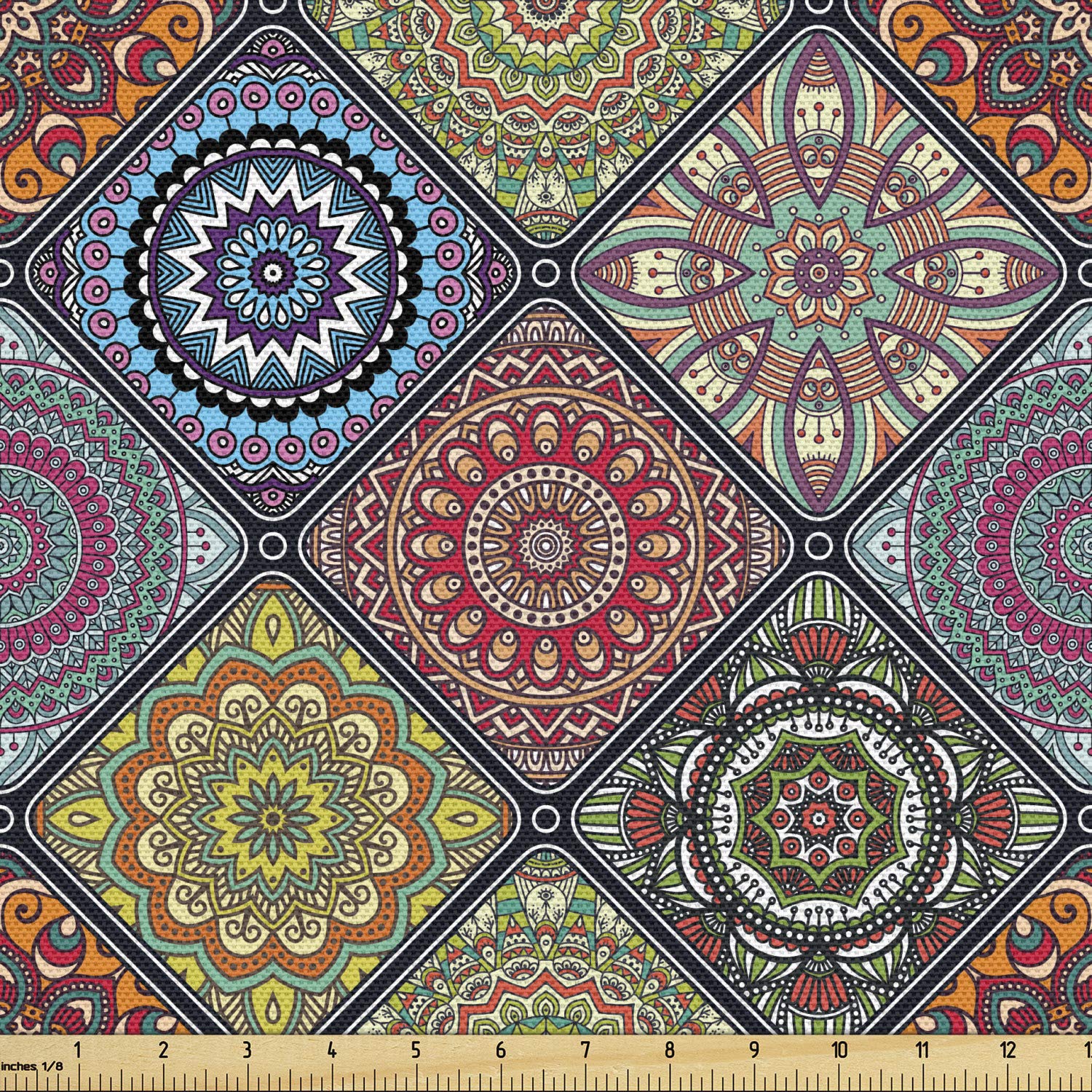 Ambesonne Mandala Fabric by The Yard, Checkered Rectangles Pattern Various Oriental Inspired Motifs Culture, Decorative Fabric for Upholstery and Home Accents, 1 Yard, Beige