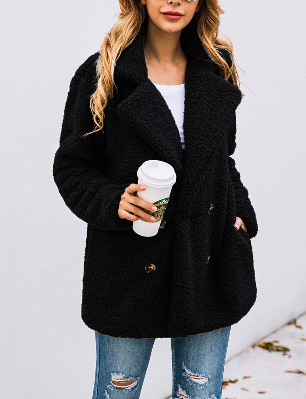 PRETTYGARDEN Women's Fashion Winter Coat Sherpa Fleece Faux Fur Shearling Oversized Trendy Jackets Warm Outerwear (Style Two Black,X-Large)
