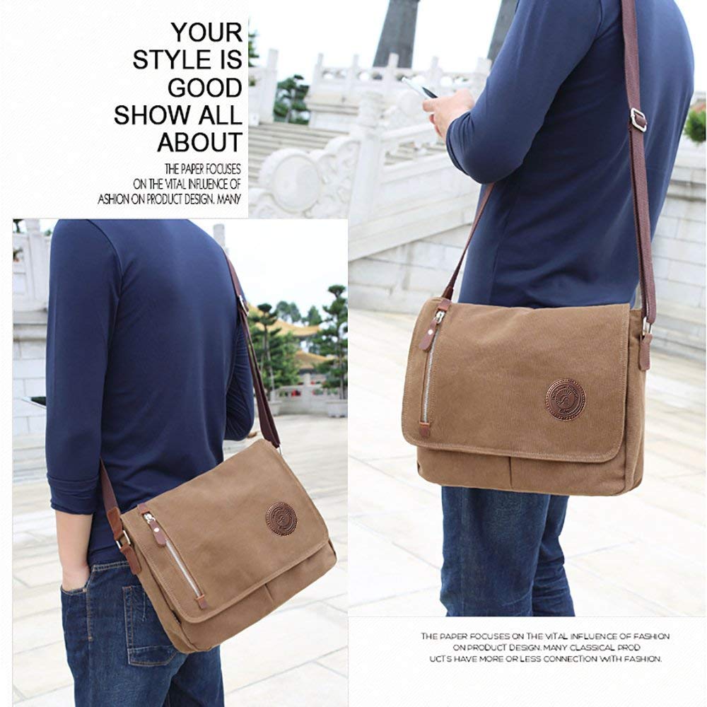 Unisex Messenger Bag Casual Canvas Bag Shoulder Sling Bag Satchel Messenger Bag for Men Work Office 13 inch Laptop Bag (Medium-Coffee)