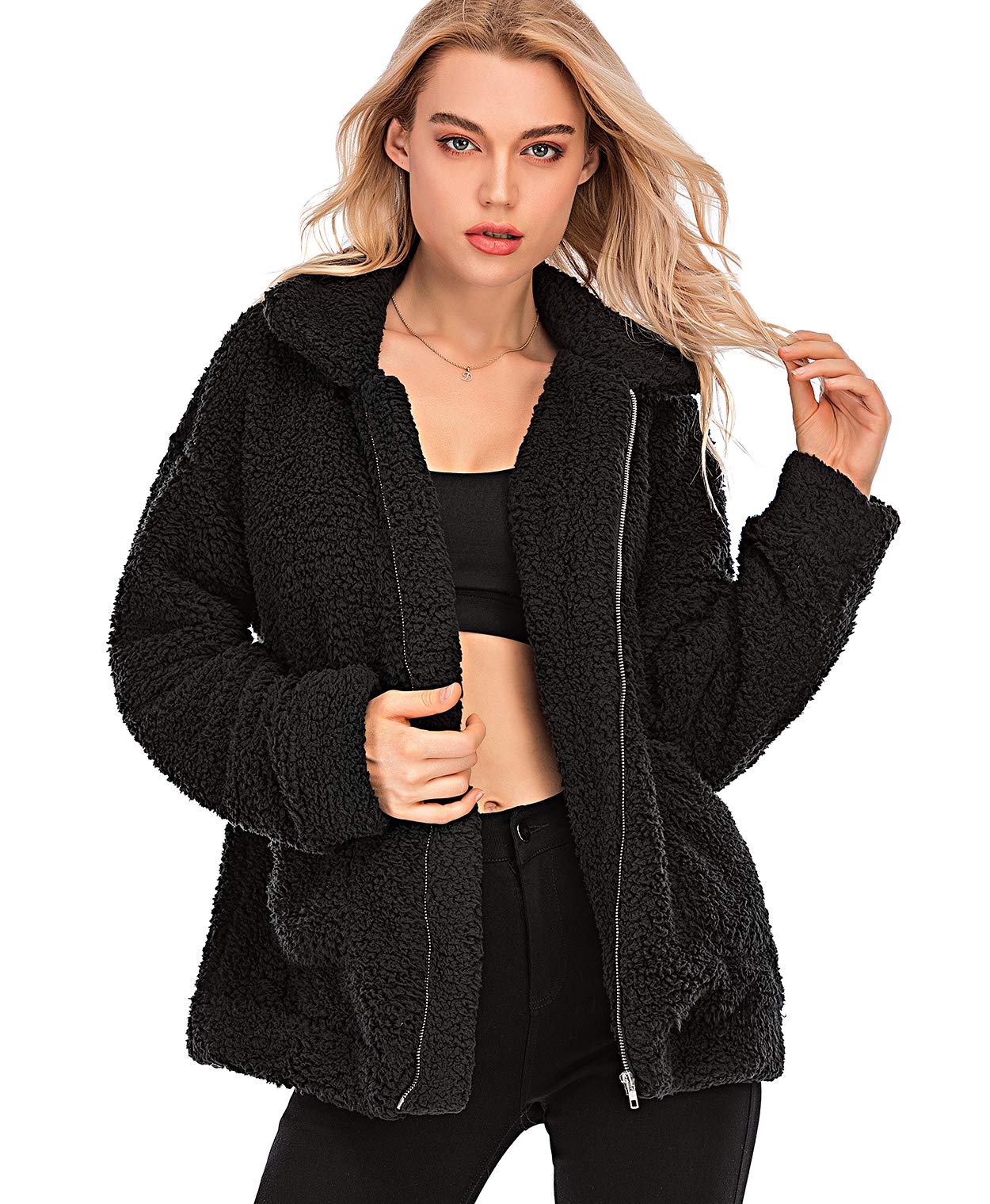 Women's Coat Casual Lapel Fleece Fuzzy Faux Shearling Zipper Coats Warm Winter Oversized Outwear Jackets (Black,XL)