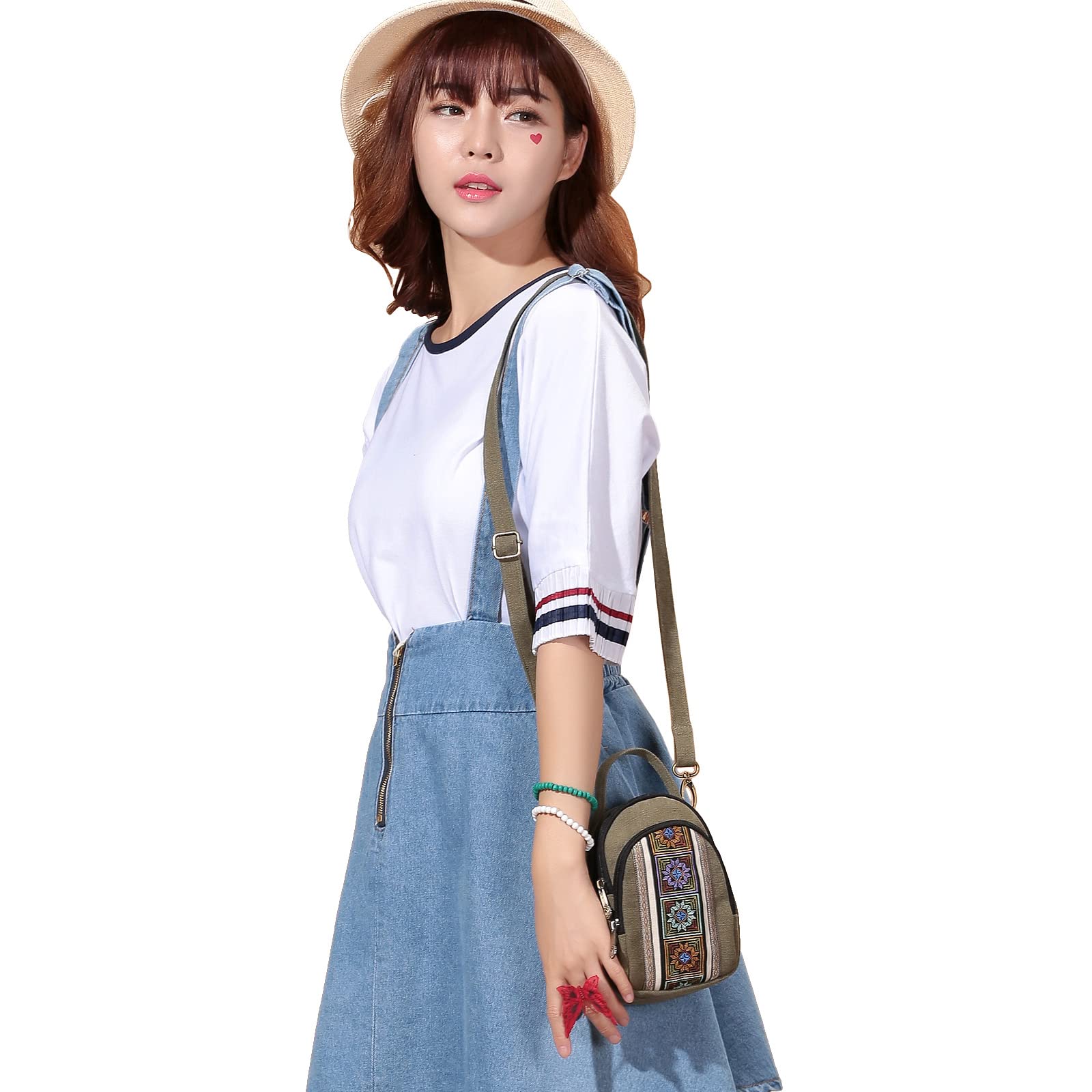 SILKAREA Women Canvas Cell Phone Purse Crossbody Bag Embroidered Small Shoulder Bags Handbags Credit Card Wallet Pouch (Army Green)