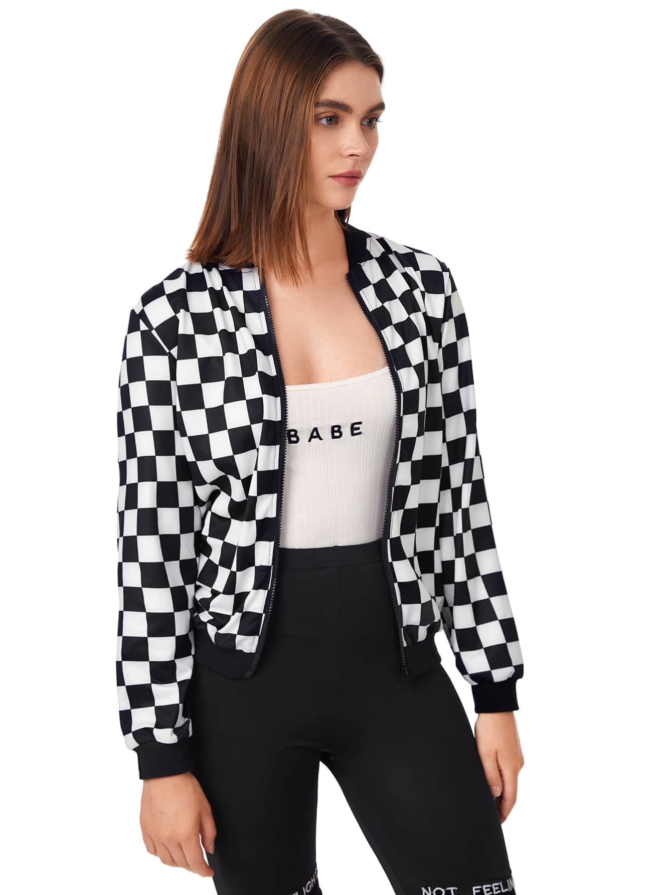 WDIRARA Women's Zip Front Plaid Print Long Sleeve Stand Collar Casual Jacket Black and White S