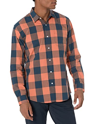 Amazon Essentials Men's Regular-Fit Long-Sleeve Casual Poplin Shirt, Navy Orange Buffalo, X-Large