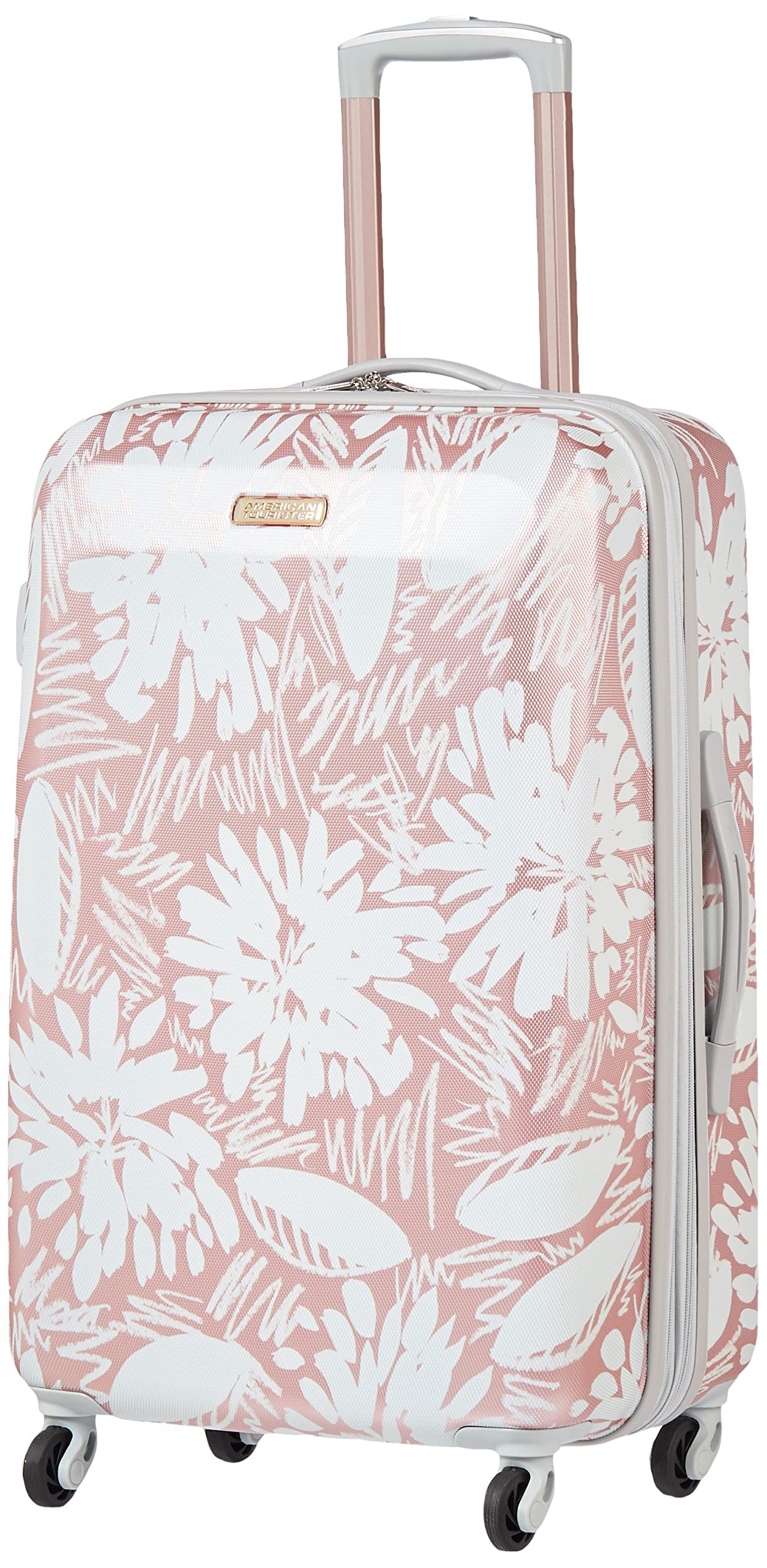 American Tourister Moonlight Hardside Expandable Luggage with Spinner Wheels, Ascending Gardens Rose Gold, Checked-Medium 24-Inch