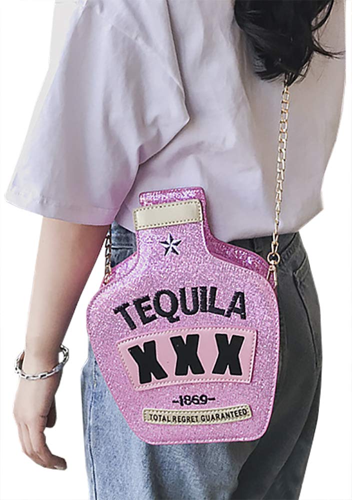 QZUnique Bottle Laser Handbag Tequila PU Sequins Shoulder Bag Embroidery Crossbody Bag Evening Chain Strap Bucket Bag
