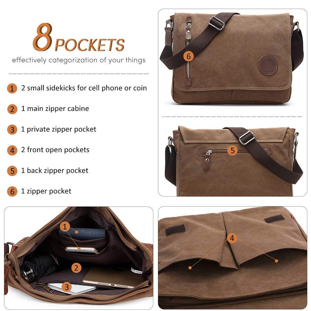 Unisex Messenger Bag Casual Canvas Bag Shoulder Sling Bag Satchel Messenger Bag for Men Work Office 13 inch Laptop Bag (Medium-Coffee)
