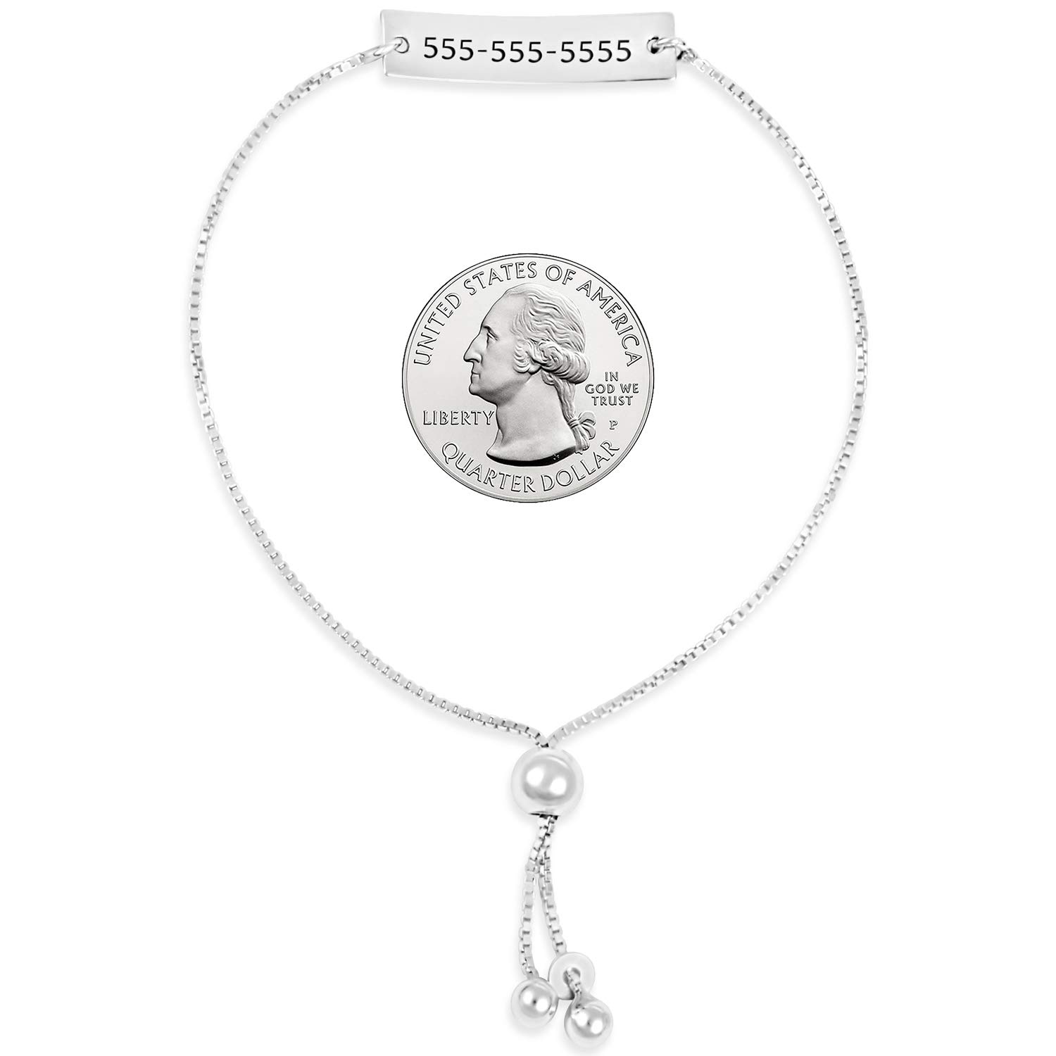 AJ's Collection Personalized Sterling Silver Adjustable Bracelet with Emergency Contact or ID Tag - Customize Front and Back with Name, Date, Initials, Phone Number, and More