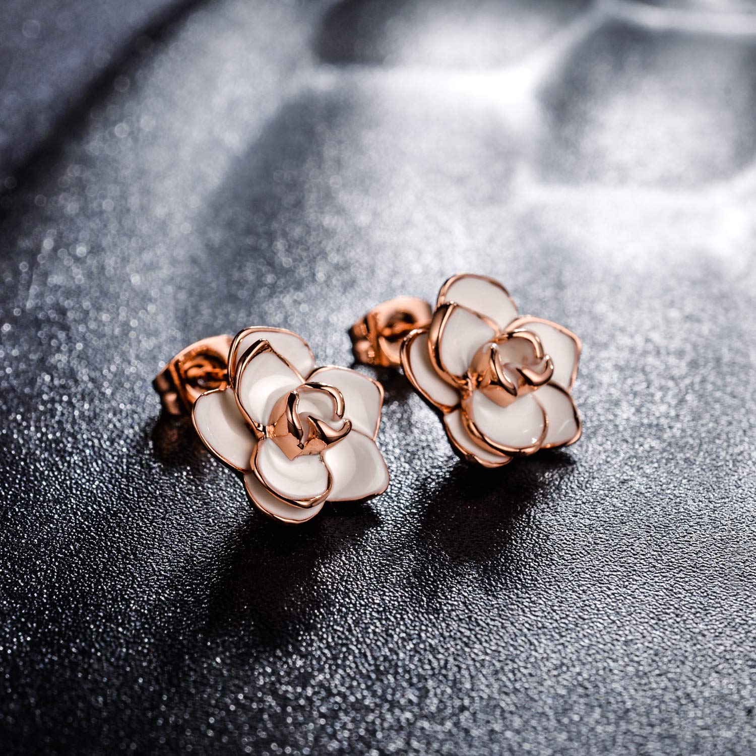 Flower Stud Earrings Hypoallergenic for Women - 18K Gold Plated Rose Earrings for Sensitive Ears, Nickel Free (Large White)