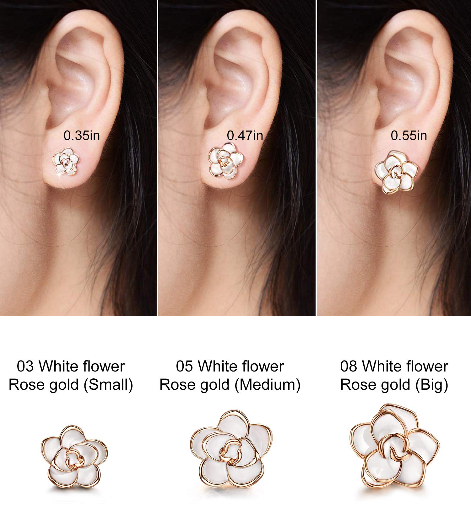 Flower Stud Earrings Hypoallergenic for Women - 18K Gold Plated Rose Earrings for Sensitive Ears, Nickel Free (Large White)