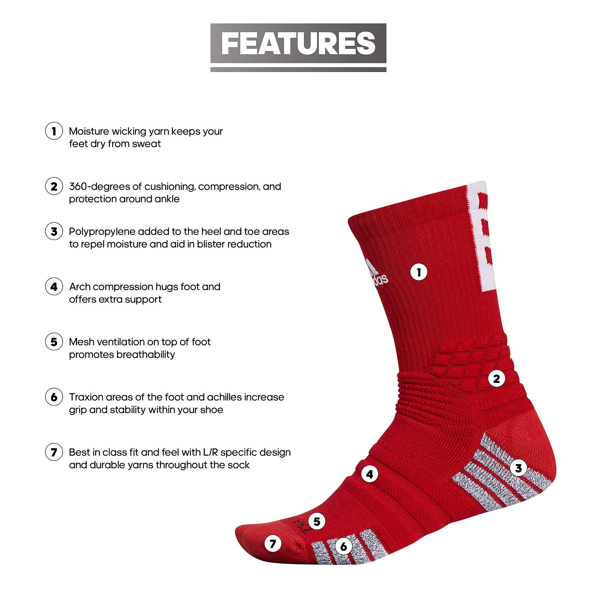 adidas Select Basketball Crew Socks (1 Pair) for Team Sports, Boys Girls Men Women, Power Red/White, Medium