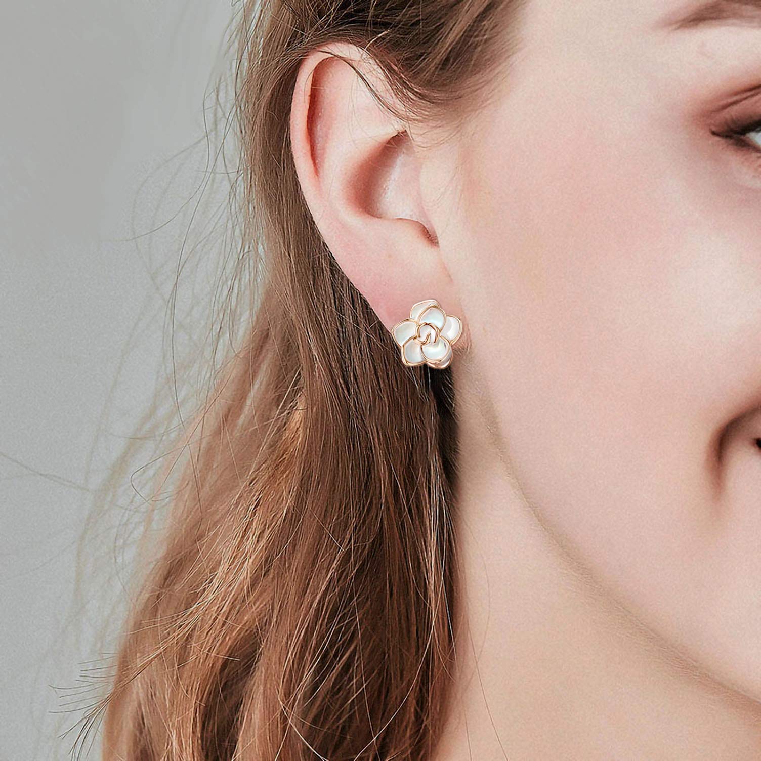 Flower Stud Earrings Hypoallergenic for Women - 18K Gold Plated Rose Earrings for Sensitive Ears, Nickel Free (Large White)