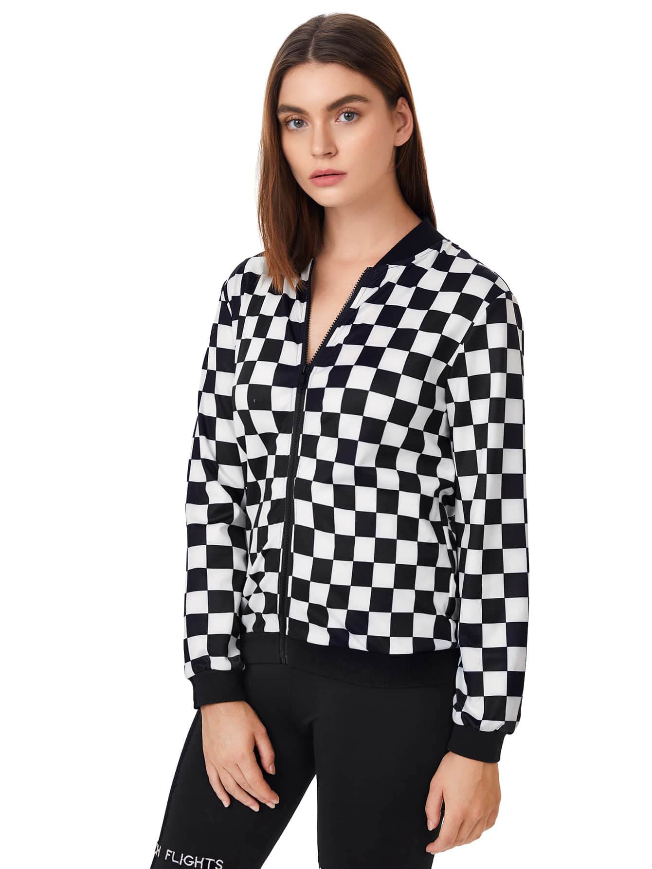 WDIRARA Women's Zip Front Plaid Print Long Sleeve Stand Collar Casual Jacket Black and White S