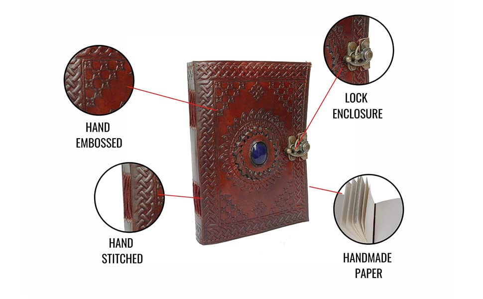 7" Leather Journal with clasp & stone Writing Pad Blank Notebook Handmade Notepad For Men & Women Unlined Paper Best Present Sketchbook Travel Diary To Write Book Of Shadows Refillable Grimoire Large