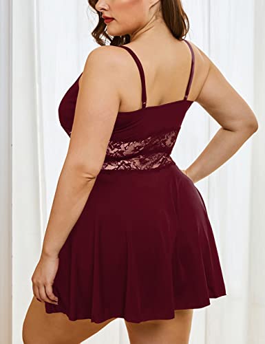 XAKALAKA Women's Plus Size Lingerie Babydoll Front Slit Lace Mesh Chemise Sleepwear Wine XL