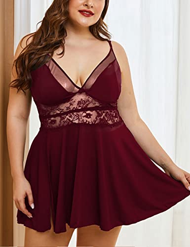 XAKALAKA Women's Plus Size Lingerie Babydoll Front Slit Lace Mesh Chemise Sleepwear Wine XL