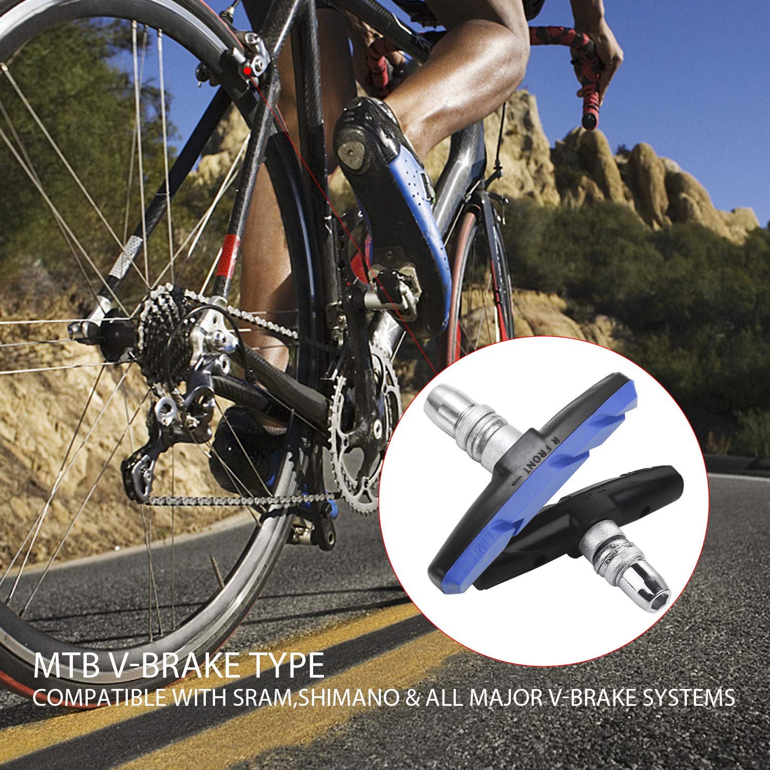 BASEEING Bike Brake Pads Brake Kit Brake Shoes Pads Cable Guide Protector 8 in One 70mm Bicycle V-Brake Pad Set Work with All Shimano Sram MTB V-Brake System 2pairs(4pcs) (Blue)