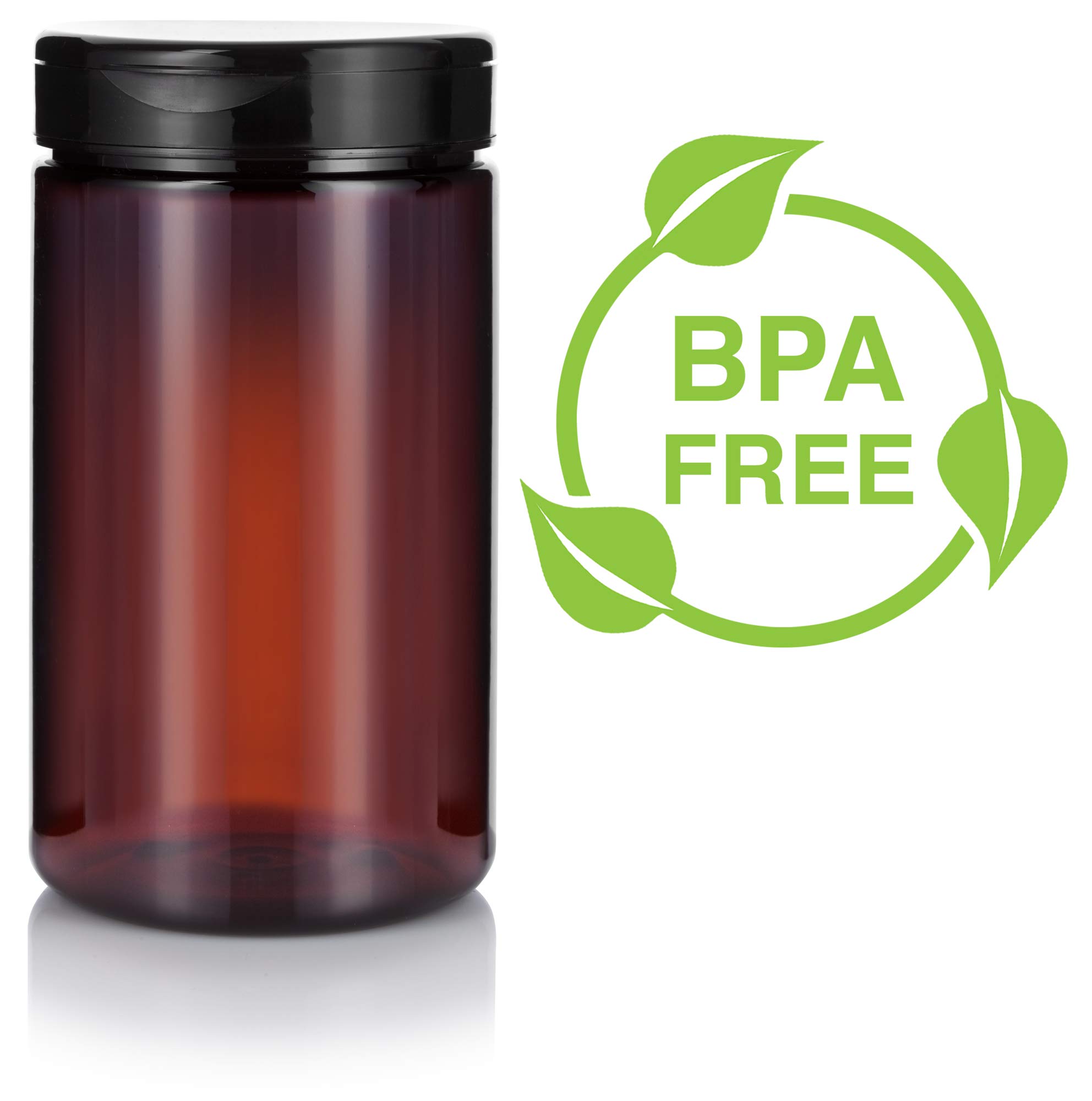 JUVITUS Amber Large 32 oz PET Plastic (BPA Free) Refillable Jar with Black Flip Top Cap - (3 pack)