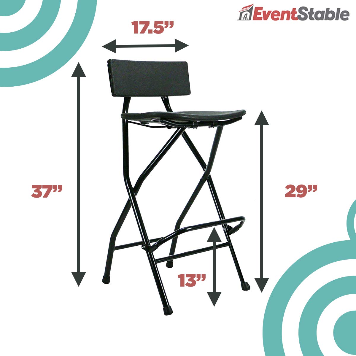 EventStable TitanPRO Folding Bar Stool with Backrest - Black Metal Frame Stool with Back Support - Durable and Sturdy Folding Stool for Outdoor Kitchen Shop Cafe - 2 Pack