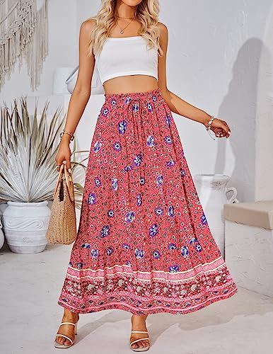 ZESICA Women's 2025 Summer Bohemian Floral Printed Elastic Waist A Line Maxi Skirt with Pockets,Floral Red,Small