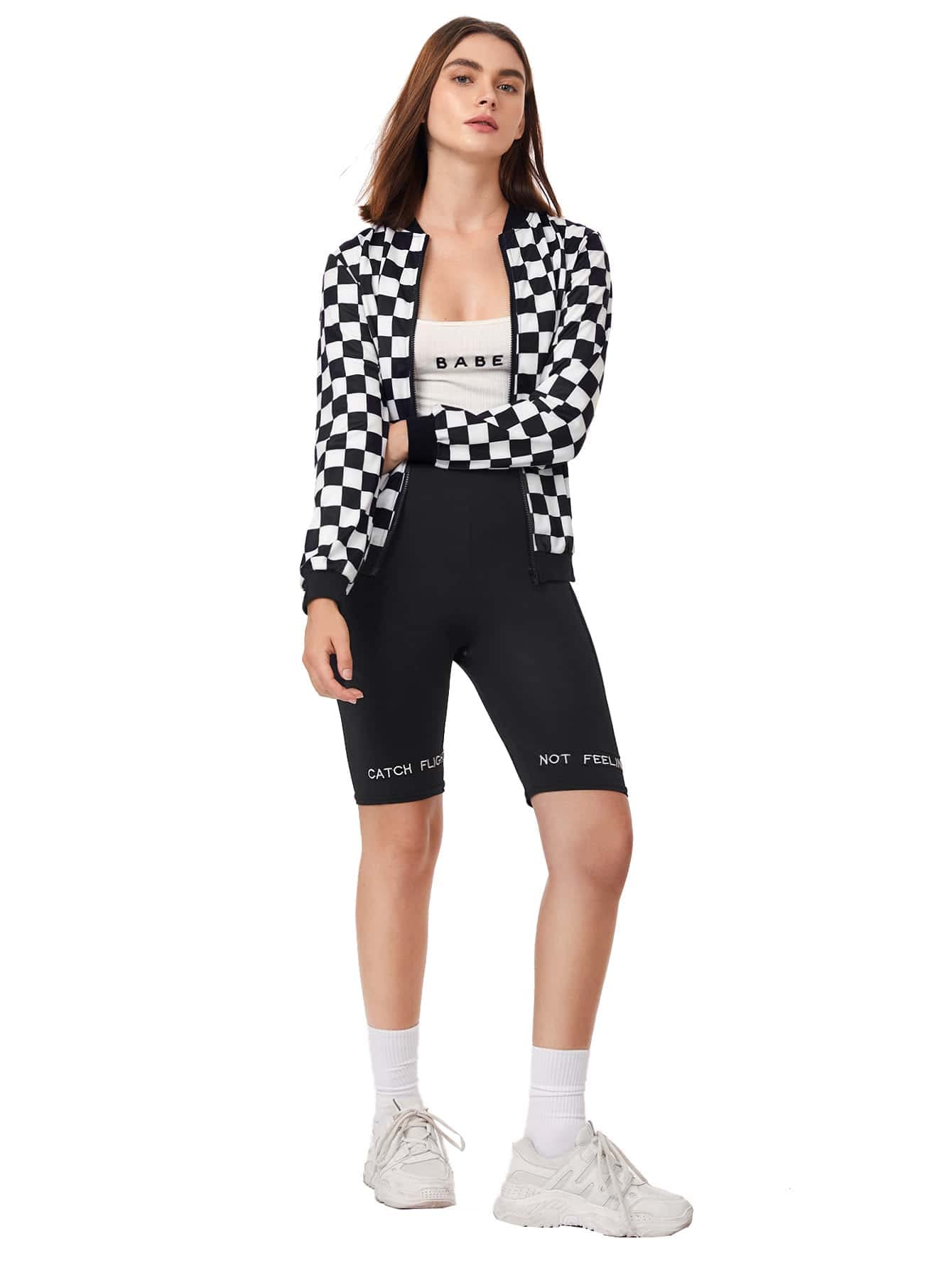WDIRARA Women's Zip Front Plaid Print Long Sleeve Stand Collar Casual Jacket Black and White S
