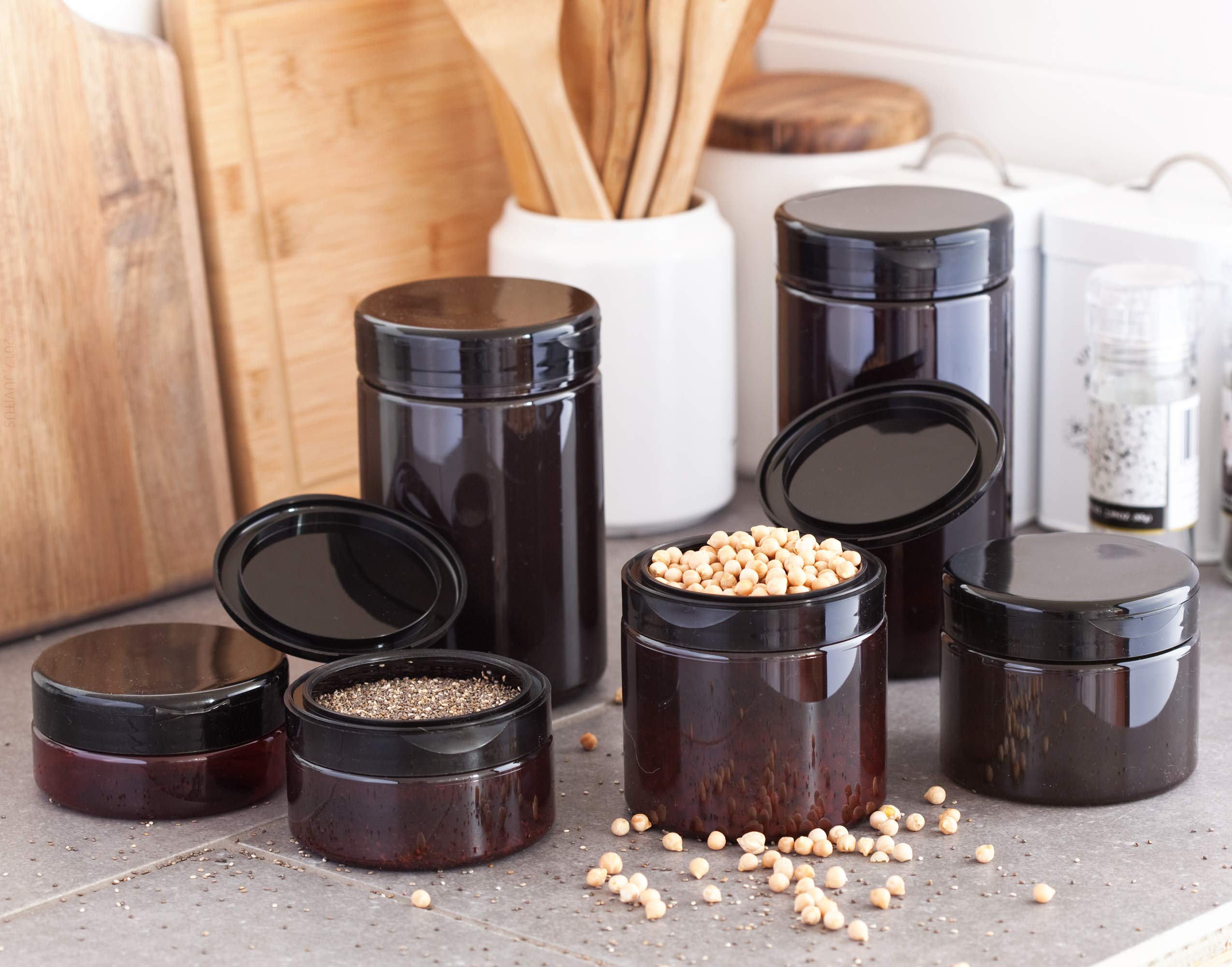 JUVITUS Amber Large 32 oz PET Plastic (BPA Free) Refillable Jar with Black Flip Top Cap - (3 pack)