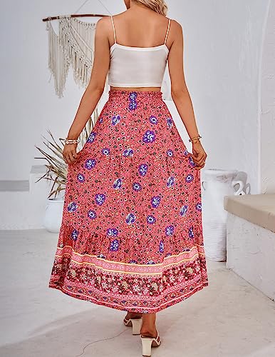 ZESICA Women's 2025 Summer Bohemian Floral Printed Elastic Waist A Line Maxi Skirt with Pockets,Floral Red,Small