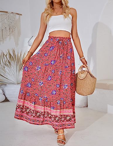 ZESICA Women's 2025 Summer Bohemian Floral Printed Elastic Waist A Line Maxi Skirt with Pockets,Floral Red,Small