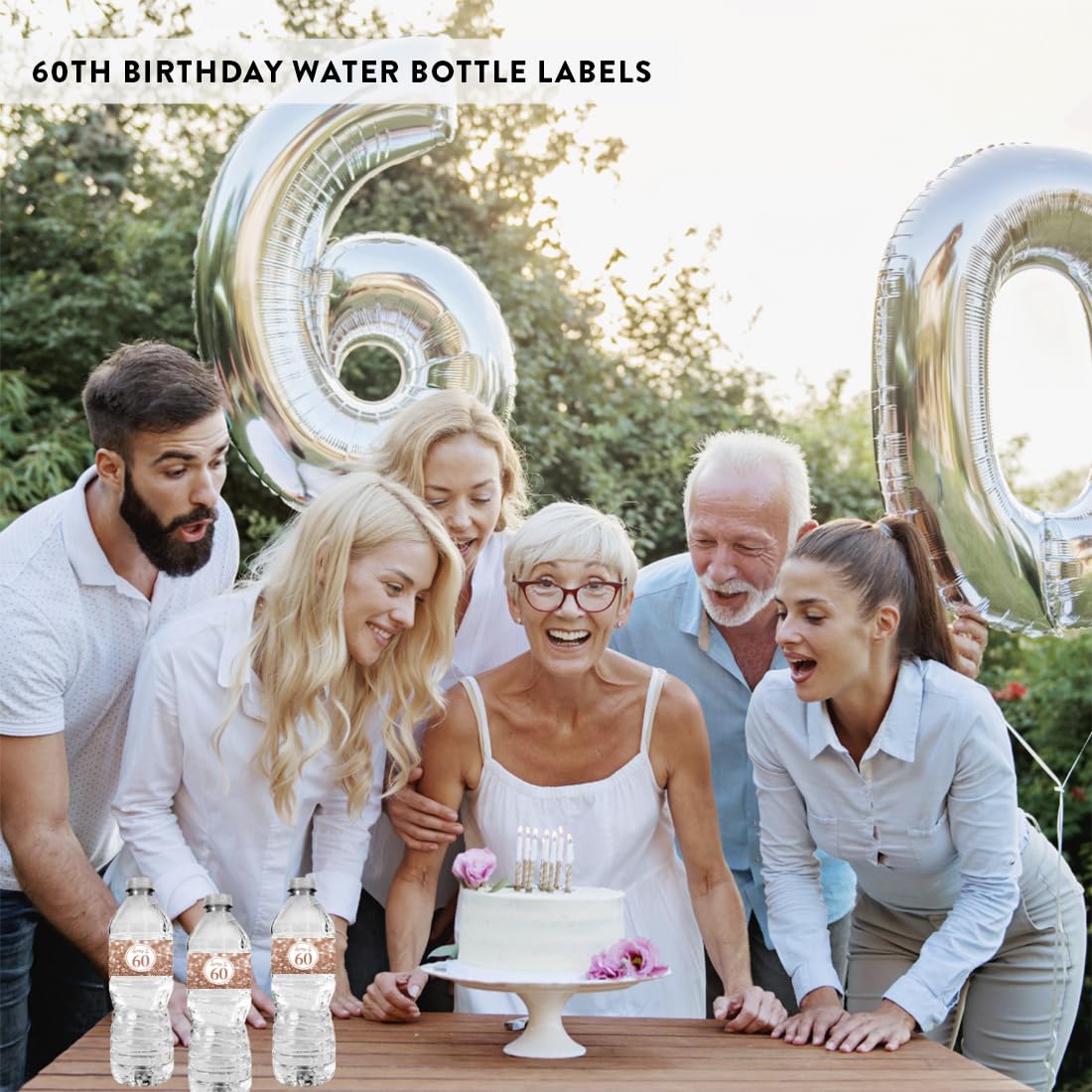 Andaz Press Glitzy Faux Glitter Rose Gold Water Bottle Labels Stickers, Cheers to 60, 60th Birthday Water Bottle Labels Anniversary 60th Birthday Decorations for Women Birthday Party Favors, 20-Pack