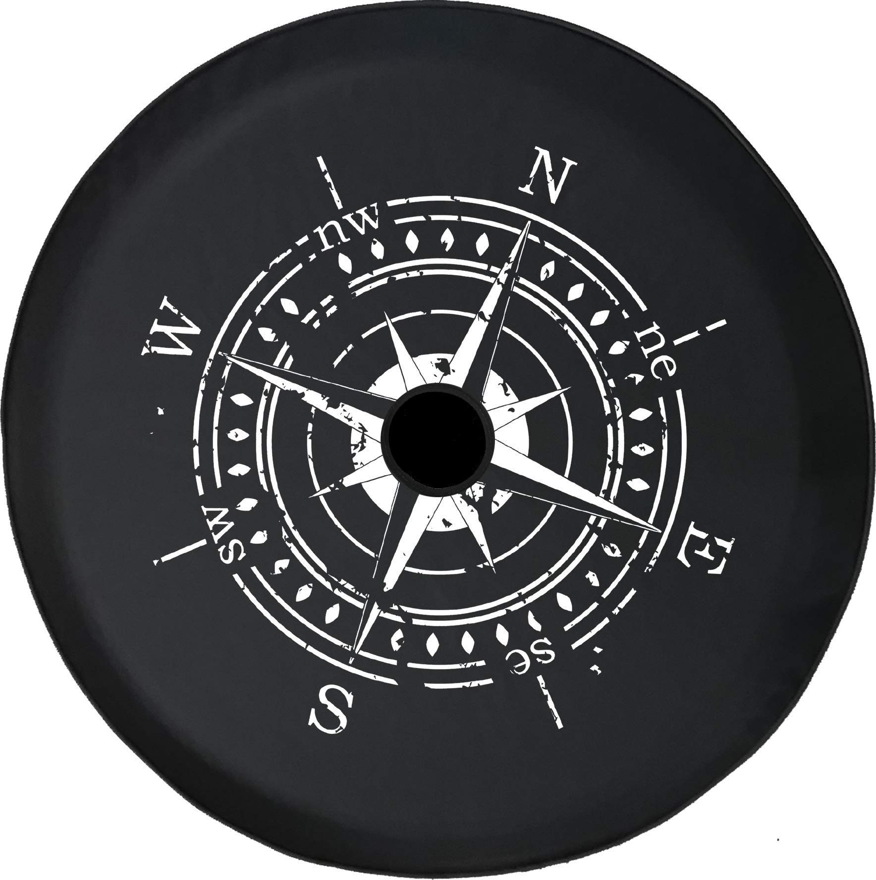 JL Series Spare Tire Cover with Backup Camera Hole Distressed Nautical Compass Travel Black 32 in