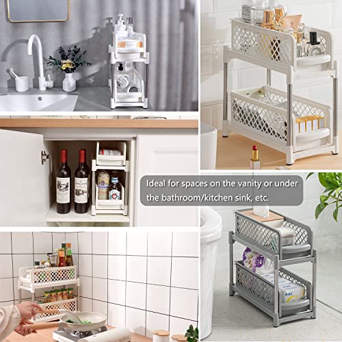 ZOINLIY Pull Out 2-Tier Storage Baskets Organizer with Handles Grey, Narrow Under Sink Organizer for Bathroom Kitchen, Cosmetic Organizer Drawers, Countertop Cabinet Storage Shelf Holder