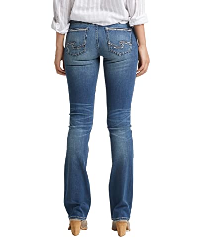Silver Jeans Co. Women's Tuesday Low Rise Slim Bootcut Jeans, Medium Indigo Distressed, 25W x 35L