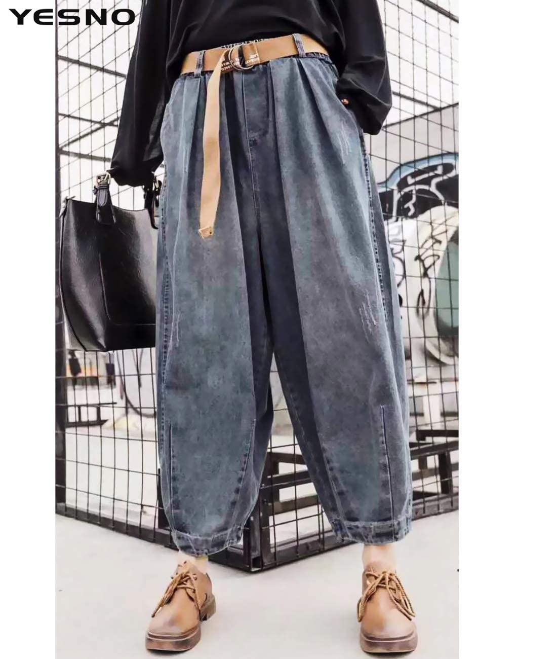 YESNO Women Casual Loose Cropped Trousers Pants Denim Bloomers Elastic Waist with Pockets XL PJDTYP1 Blue