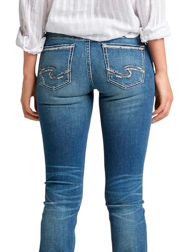 Silver Jeans Co. Women's Tuesday Low Rise Slim Bootcut Jeans, Medium Indigo Distressed, 25W x 35L