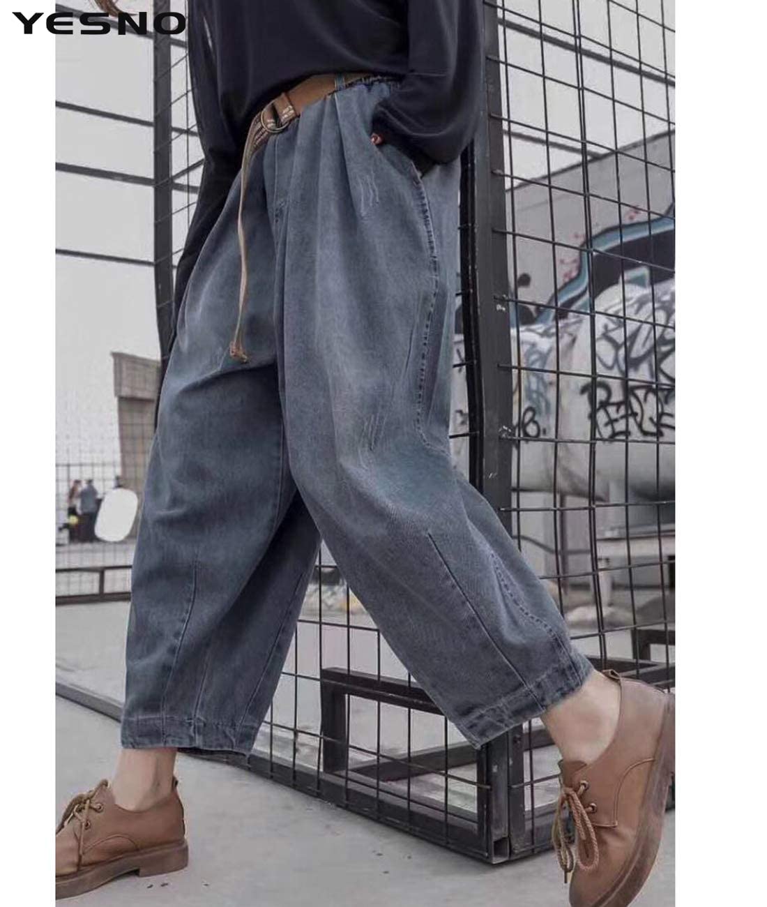 YESNO Women Casual Loose Cropped Trousers Pants Denim Bloomers Elastic Waist with Pockets XL PJDTYP1 Blue