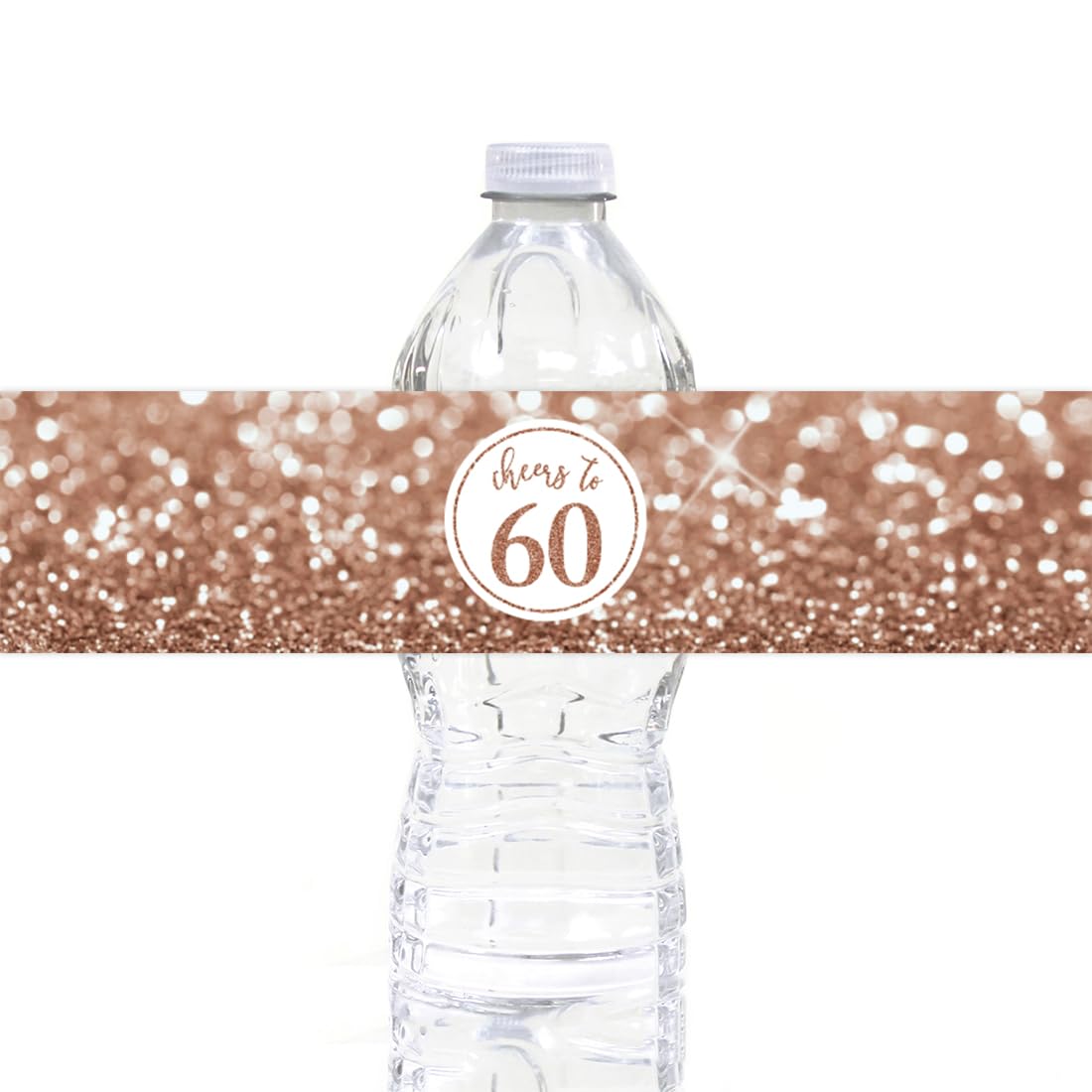 Andaz Press Glitzy Faux Glitter Rose Gold Water Bottle Labels Stickers, Cheers to 60, 60th Birthday Water Bottle Labels Anniversary 60th Birthday Decorations for Women Birthday Party Favors, 20-Pack