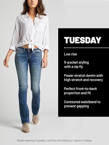 Silver Jeans Co. Women's Tuesday Low Rise Slim Bootcut Jeans, Medium Indigo Distressed, 25W x 35L