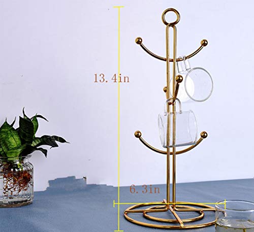 RomanticDesign 6 Holder, Countertop Mug Tree, 6 Hook Coffee Cup Dryer Kitchen Coffee Mug Tree Countertop Tea Cups Holder Stand,Gold