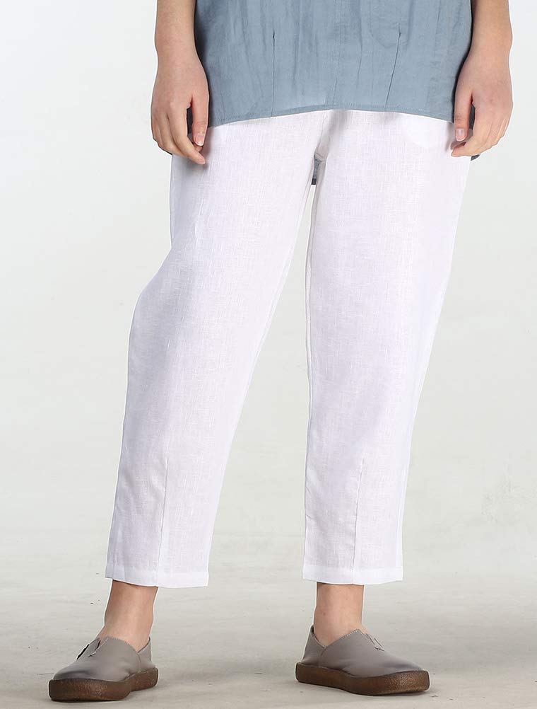 LaovanIn Women's Linen Cropped Pants Tapered Ankle Capris Trousers Elastic Waist Large White