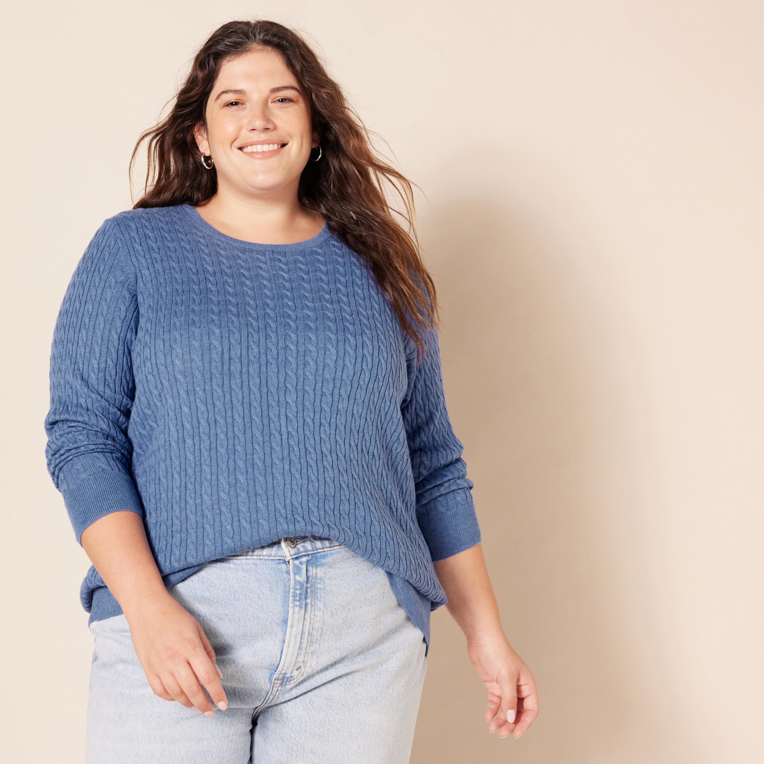 Amazon Essentials Women's Lightweight Long-Sleeve Cable Crewneck Sweater (Available in Plus Size), Blue Heather, X-Large